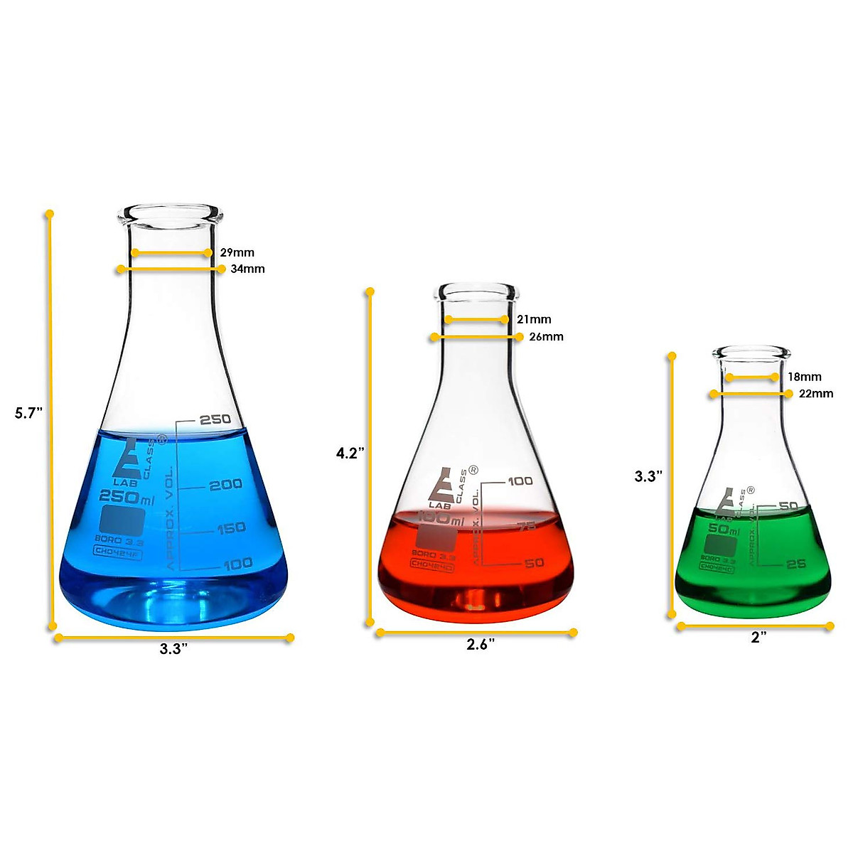 EISCO Premium Erlenmeyer Flask Set - 50ml, 100ml & 250ml Narrow Neck, White Graduations Superior Durability Chemical Resistance Borosilicate 3.3 Glass- Eisco Labs