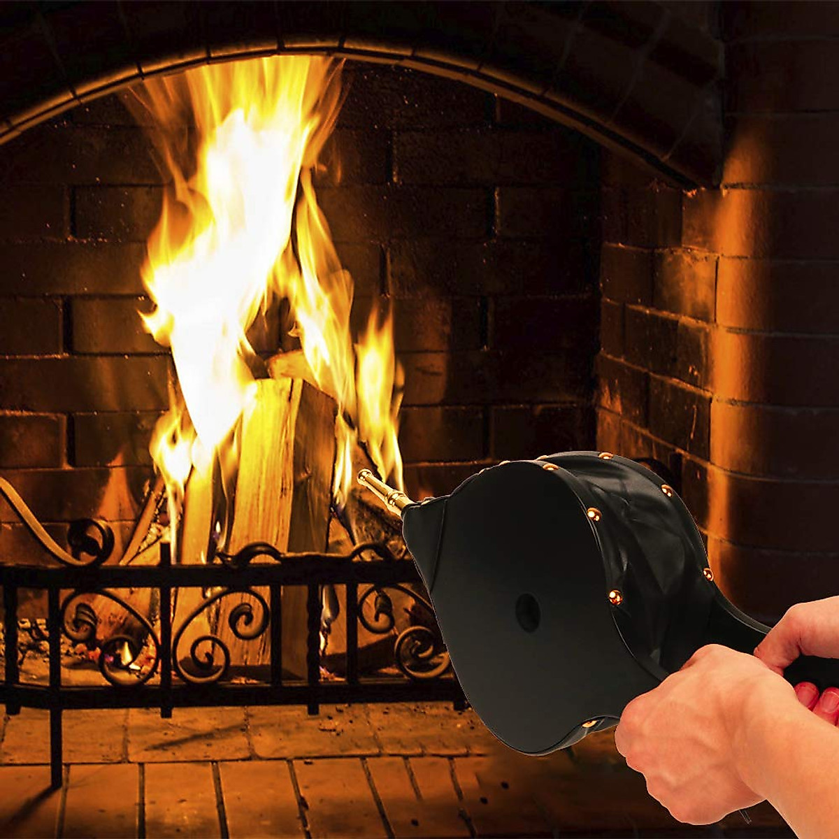 Kalkehay Fireplace Bellows Indoor 17" x 7.5" Large Wood Air Blower Cast Nozzle for Outdoor BBQ Camping Grill Chimney Pump Pit Fire Tools Accessories with Hanging Strap, Black Large