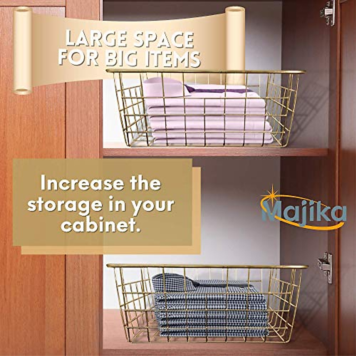 Majika 2 Piece Gold Wire Basket Set - Storage | Decor | Crafts | Kitchen Organizing | Great for Closets | Cabinets | Pantries | Tables | Counter Tops | Office Storage | Nesting Baskets |