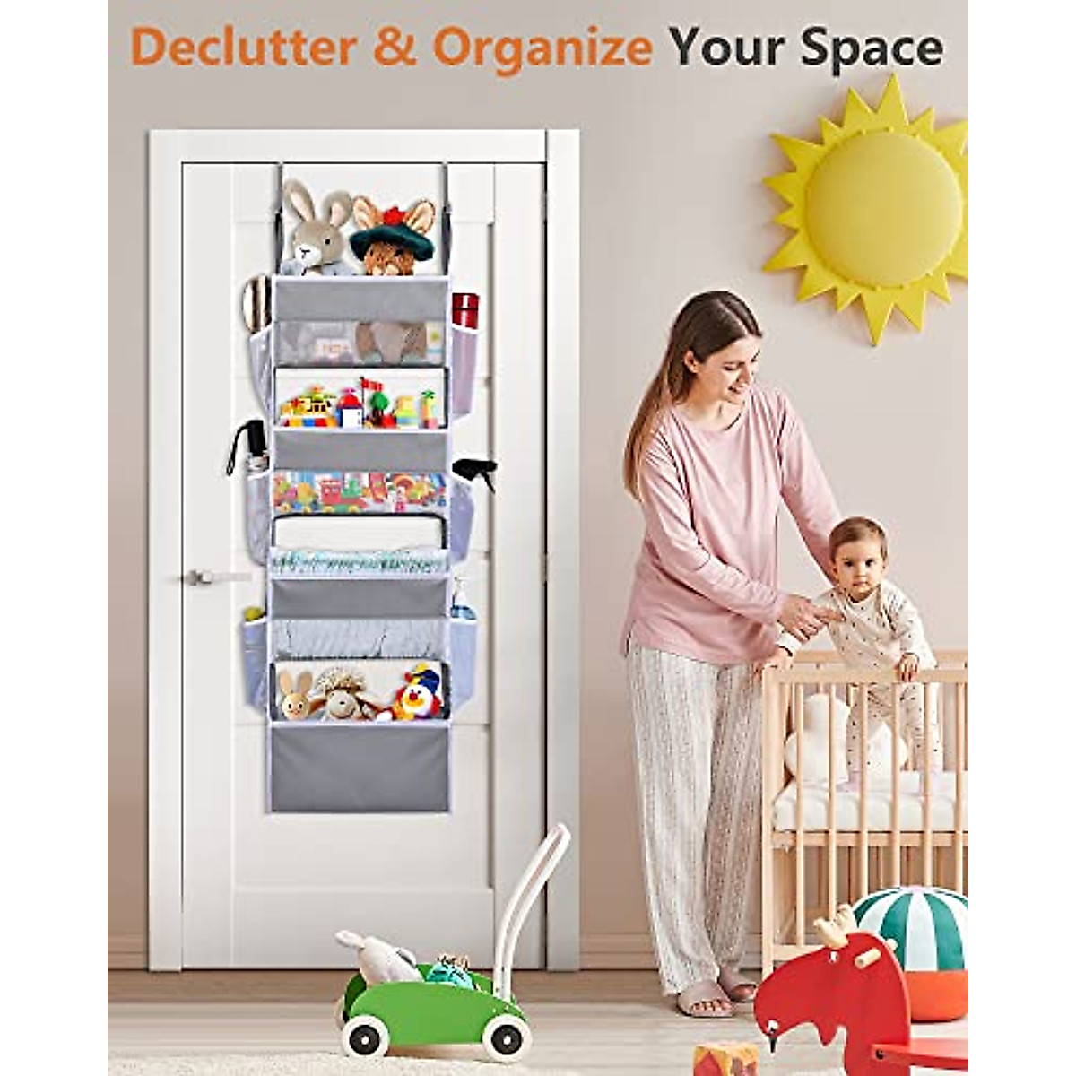 ULG Over Door Organizer with 4 Large Pockets 6 Mesh Side Pockets, 33 lbs Weight Capacity Hanging Storage Organizer with Clear Window for Bedroom Nursery, Baby Kids Toys, Diapers, Light Grey (1 Pack)