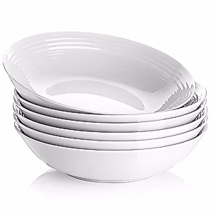 Y YHY 26 Ounces Porcelain Pasta Salad Bowls, White Soup Bowl Set, Wide and Shallow, Set of 6, Spiral Pattern, Christmas Thanksgiving