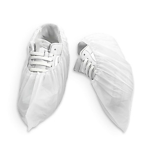 Greenour Shoe Covers Disposable for Indoors Pack of 100 (50 Pairs) Waterproof CPE Booties Shoes Protectors Coverings Fits Up to Size 11 US Men and 13 US Women White Large