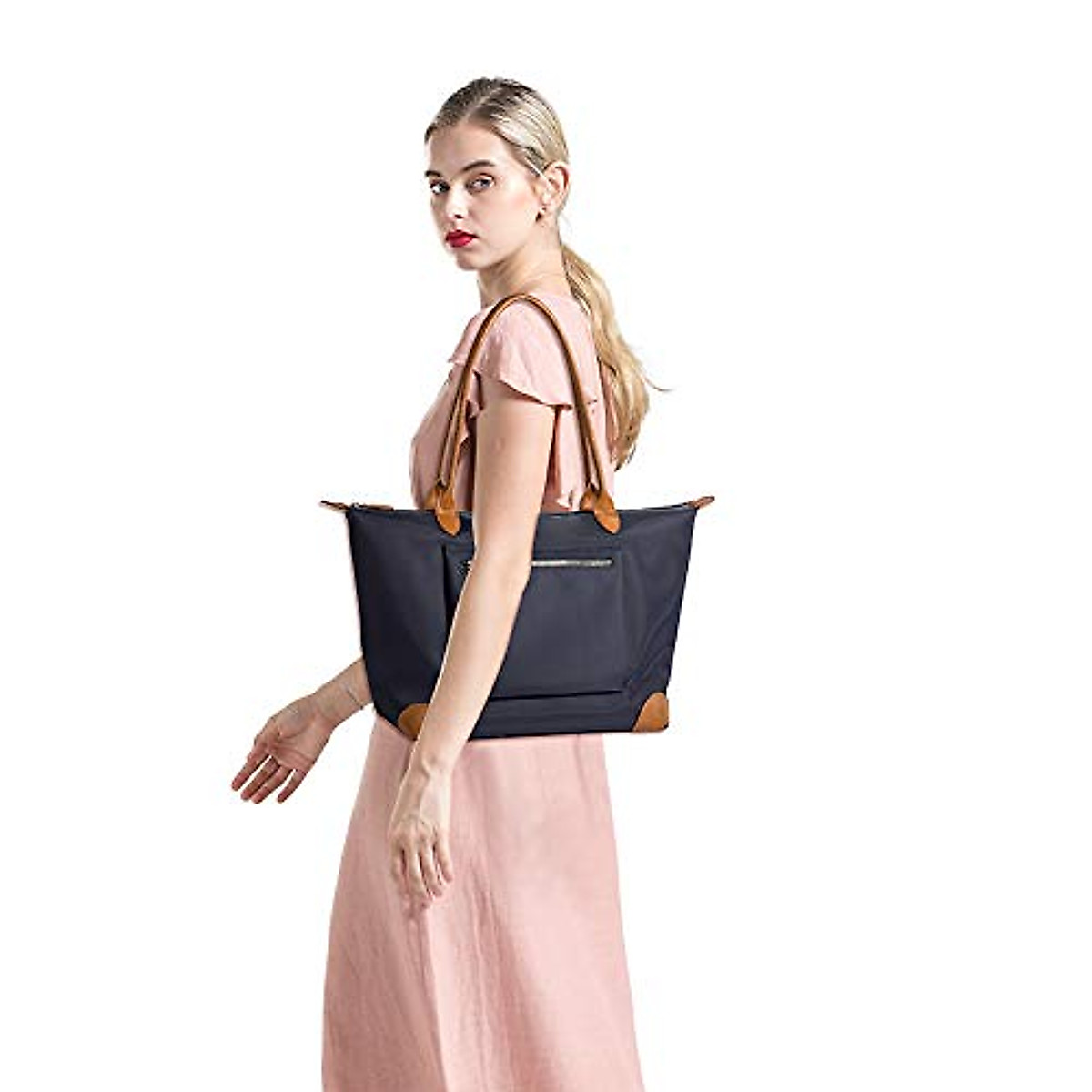 Tote Bag For Women Large Lightweight Leather Nylon Work Shoulder Bag And Foldable Travel Purse Blue