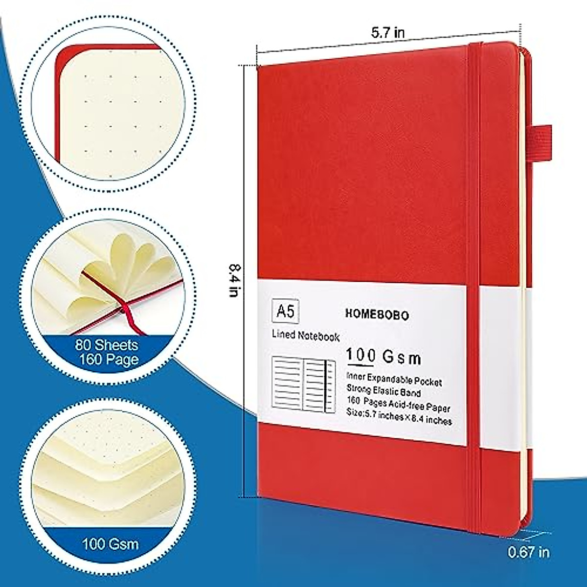 HOMEBOBO Journals for Writing, A5 Leather Dotted Notebook with 160 Pages, 100 Gms College Dot Grid Journal with Thick Paper, Hardcover with Inner Pocket & Pen Holder, Blue