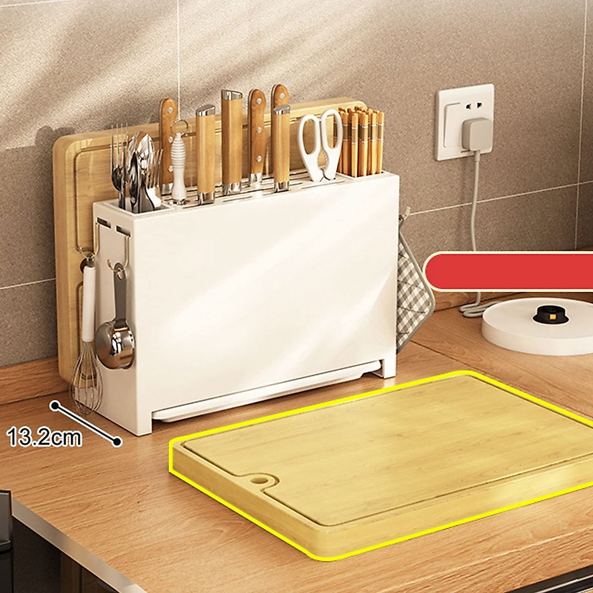 Knife Drying Holer for Kitchen Counter, Metal Knife Storage Rack Integrated Chopsticks Cutting Board Storage, Large Capacity Knife Storage Block, Multi Use Kitchen Utensil Organizer, White