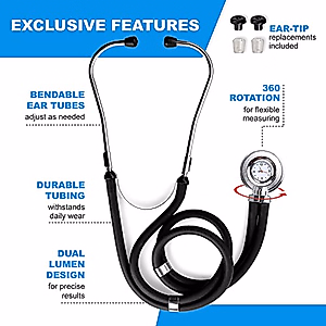Primacare DS-9298 Black Medical Clock Stethoscope with Analog Watch, 22" Tubing Convertible Regular Sprague Rappaport Stethoscopes, First Aid Emergency Essential Kits with Headset