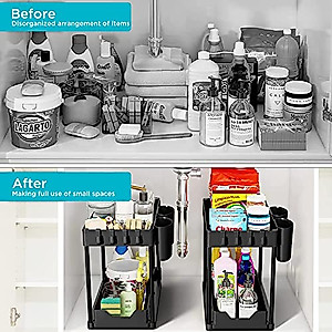 2 Pcs 2-Tier Under Sink Organizers and Storage with Bottom Pull Out Drawers, Towels Hooks and Hanging Cups, Bathroom/Kitchen Multipurpose Miscellaneous Supplies Organization And Storage Rack