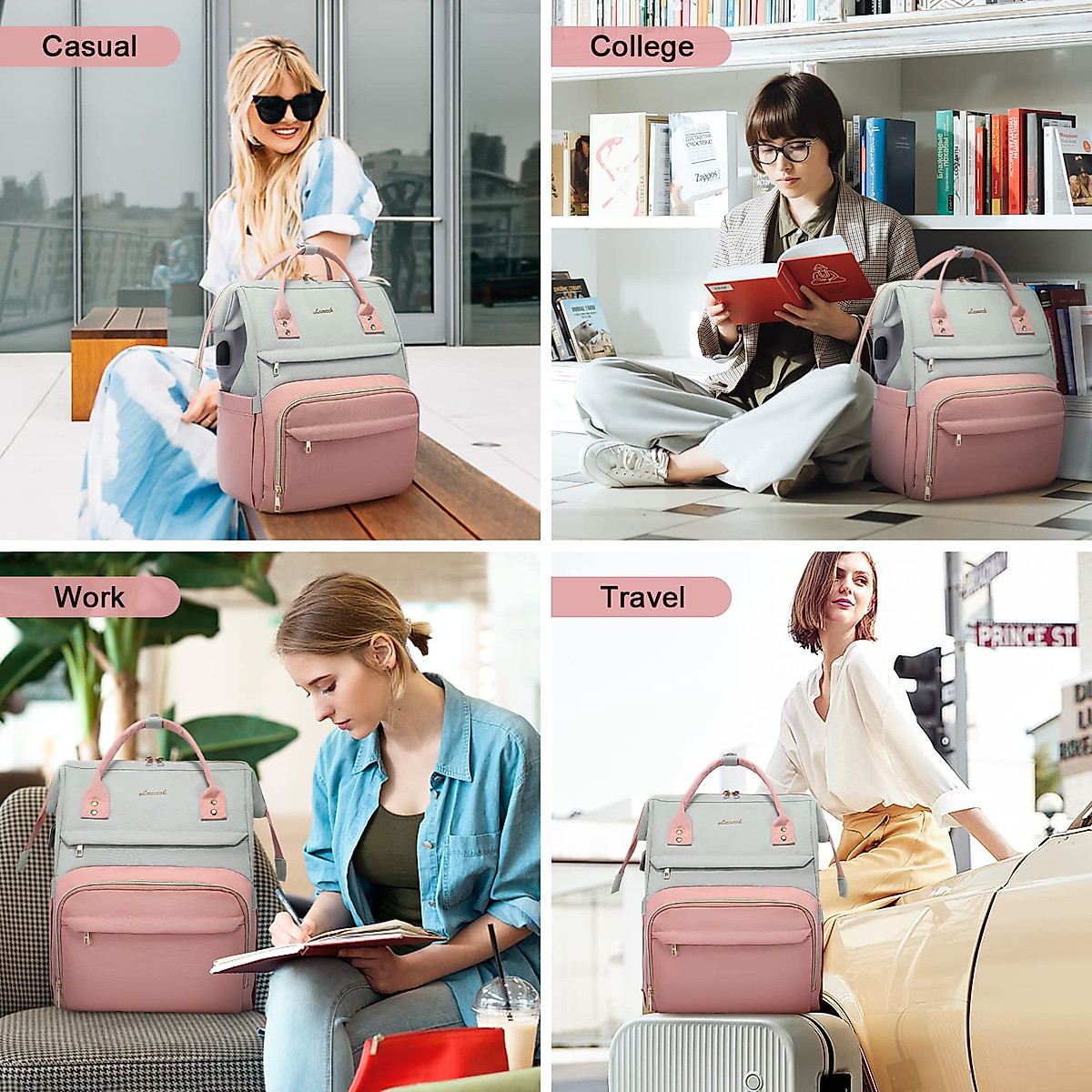 LOVEVOOK Laptop Backpack for Women Fashion Business Computer Backpacks Travel Bags Purse Doctor Nurse Work Backpack with USB Port, Fits 17-Inch Laptop, Light Grey-Pink