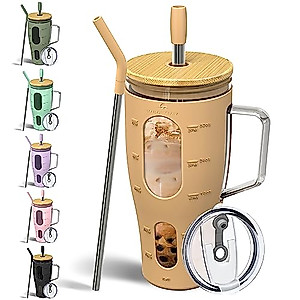 MAISON CLARA Glass Tumbler with Straw and Lid - 40oz Reusable Tumbler with Handle, Time Marker, Silicone Protective Sleeve-Two Straws & Two Lids (AMBER)