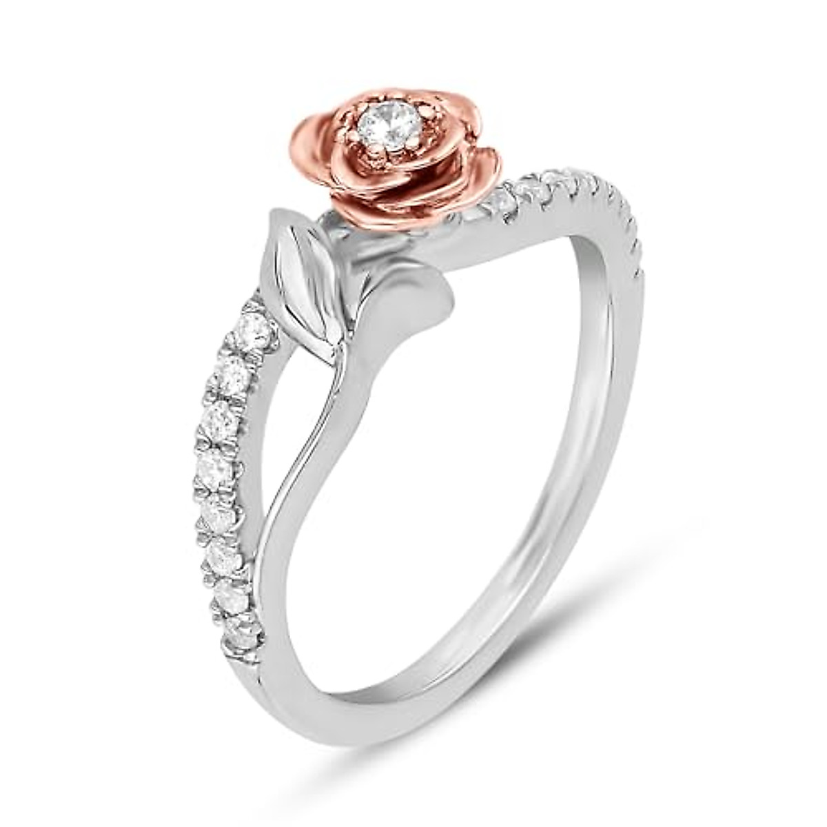 Jewelili Enchanted Disney Fine Jewelry Sterling Silver and 10K Rose Gold with 1/5 CTTW Diamond Belle Rose Ring size 6