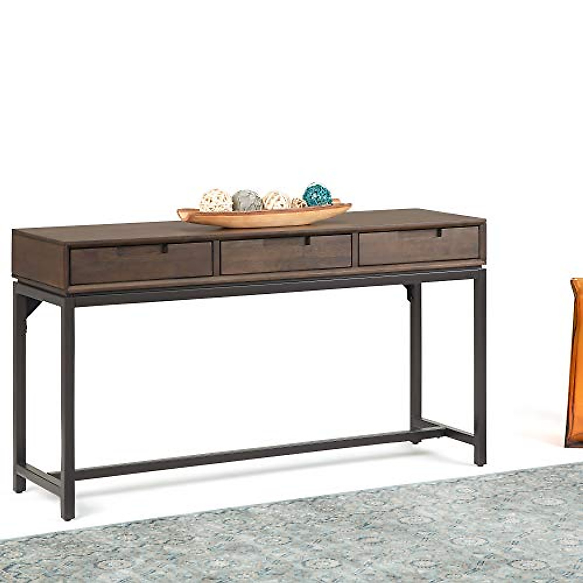 SIMPLIHOME Banting SOLID WOOD and Metal 54 inch Wide Wide Console Sofa Entryway Table in Walnut Brown with Storage, 3 Drawers, for the Living Room, Entryway and Bedroom