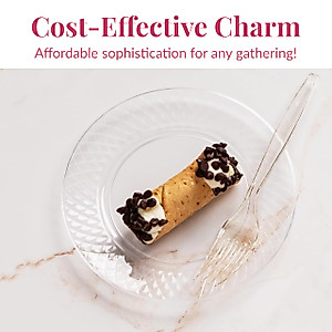 Prestee 100 Clear Plastic Plates, 6.25 Inch Disposable Dessert and Appetizer Plate for Party, Wedding, Catering - Small, Round, Heavy-Duty Platter for Cake and Foods