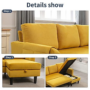Hdxdkog L-Shaped Sectional Sofa with Pull-Out Bed 72" Sectional Sleeper Sofa Bed with Storage Chaise Lounge and Pocket, Upholstered Corner Couch for Living Room Home Office (Mustard)