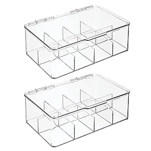 mDesign Plastic Tea Bag Divided Storage Organizer Container Box with Hinge Lid for Kitchen Cabinet, Countertop, Pantry, Hold Coffee Pods, Seasoning Packets, Condiments, 8 Sections, 2 Pack, Clear