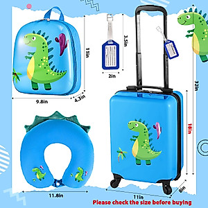 Sanwuta 4 Pieces Dinosaur Luggage for 18 Inch Kids Rolling Luggage, Boys Travel Rolling Suitcase with Gifts for Boys Christmas Wheels Blue Dinosaur Kids Luggage Set with Backpack Neck Pillow Name Tag