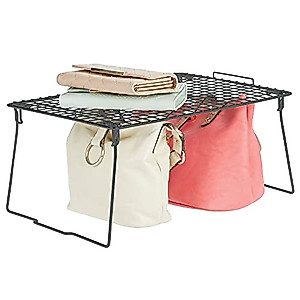 mDesign Farmhouse Metal Stackable Storage Shelf - Closet, Cabinet, Countertop 2-Tier Raised Organizer - for Bedrooms, Bathrooms, Entryways, Hallways - 17" x 12" x 8", 2 Pack - Graphite Gray