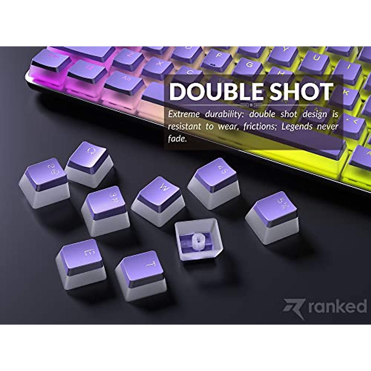 Ranked Pudding PBT Keycaps | 112 Double Shot Translucent ANSI US & ISO Layout | OEM Profile for RGB Mechanical Gaming Keyboard (Lavender)