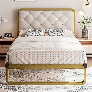 iPormis Twin Size Metal Bed Frame with Velvet Button Tufted Headboard, Curved Platform Frame, Thicker Steel Slats Support, 12'' Under-Bed Space, Noise-Free, Easy Assembly, Gold & Beige