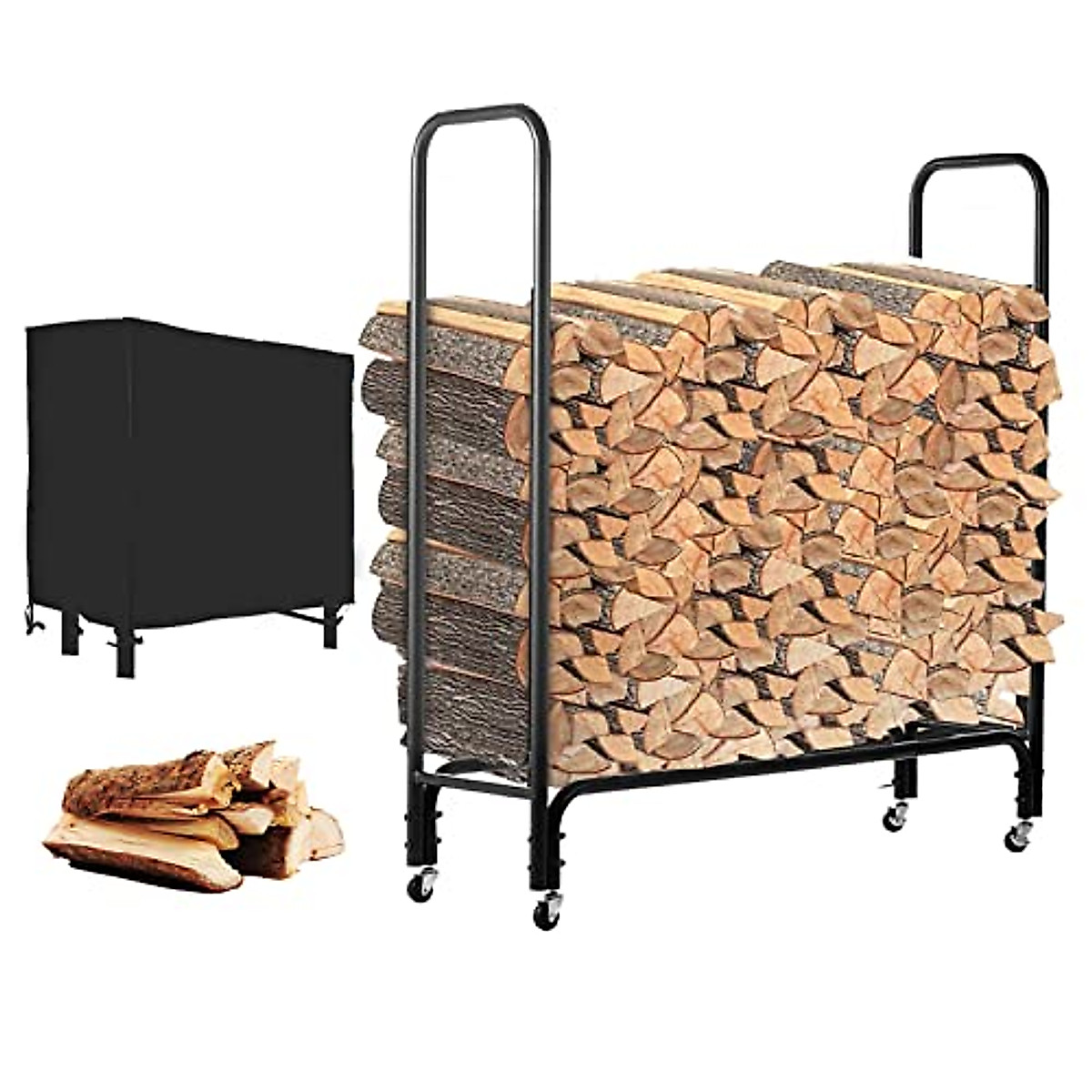 Kweetle 4FT Outdoor Firewood Rack with Wheels and Weather-proof Cover, Log Storage Stand Metal Fire Wood Holder Heavy Duty Firewood Cart for Firewood