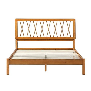 Walker Edison Queen Transitional Geometric X Pattern Headboard Solid Wood Bed, Queen Size, Caramel