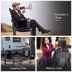 COSTWAY Folding Camping Chair, Heavy-Duty Director Chair Supports 400lbs for Adults with Side Table, Cooler Bag, Storage, Strap, Portable Makeup Chair Suitable for Fishing Picnic, Black