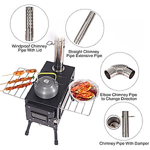 Lineslife Hot Tent Stove Wood Burning with Glass, Portable Camping Wood Stove with Windproof Chimney for Tent Shelter Outdoor Cooking Heating, Black