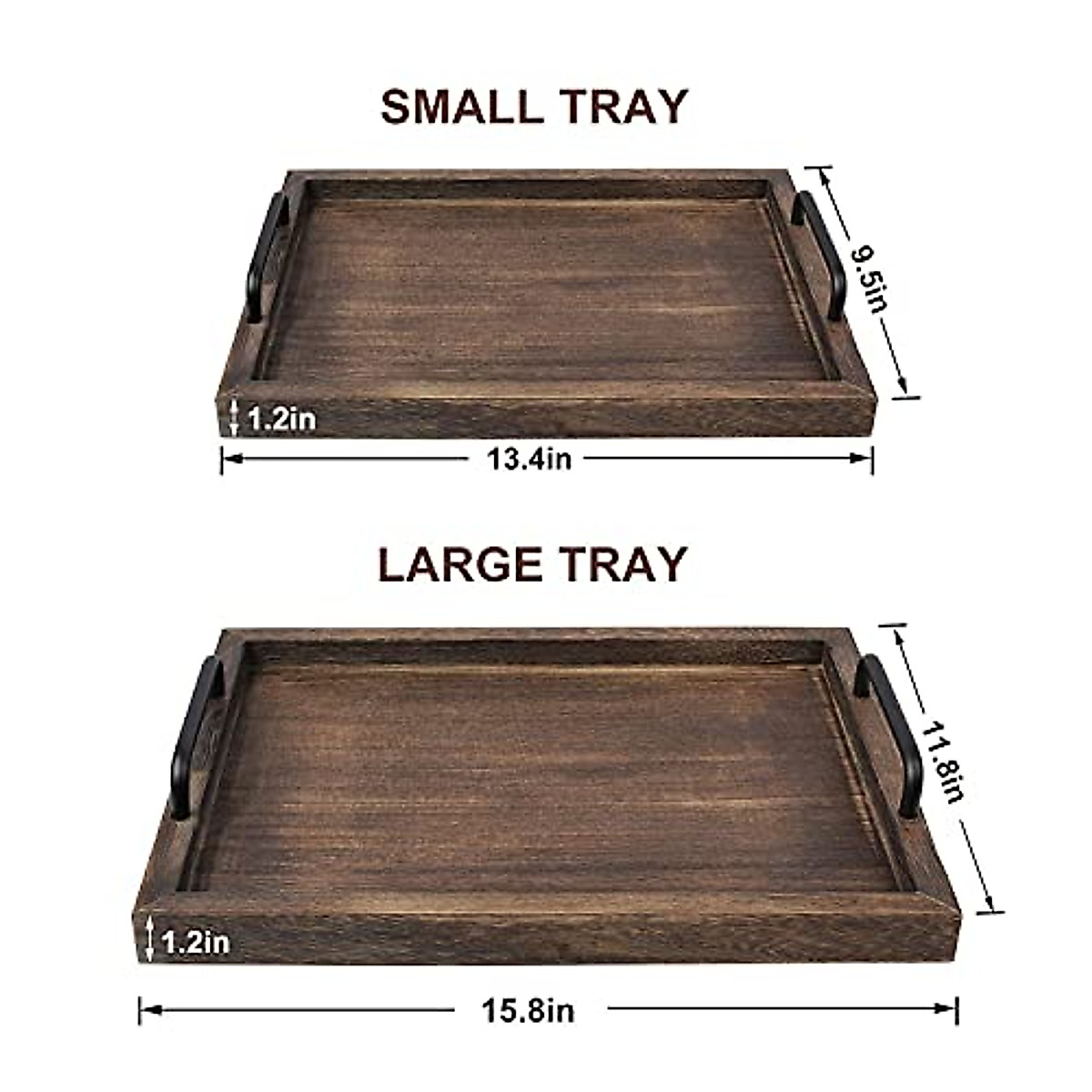 LIBWYS Rustic Wooden Serving Trays with Handle-Set of 2-Decorative Nesting Food Board Platters for Breakfast, Coffee Table/Butler (Large 15.8x11.8x1.2 inches, Small 13.4x9.4 x1.2 inches)