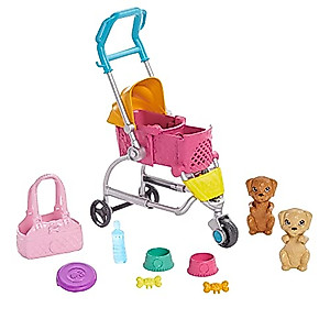 Barbie Dogwalking Doll & Accessories, Stroll & Play Pups Playset with Transforming Stroller, 2 Pets & Handbag, Blonde Doll