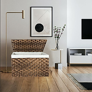 MOORLITER Wicker Storage Basket with Lid, 42.3 Gallon (160L) Large Blanket Basket with Lid, Woven Storage Bin with Handles, Removable Liner, Metal Frame, Foldable, for Bedroom, Laundry Room, Brown