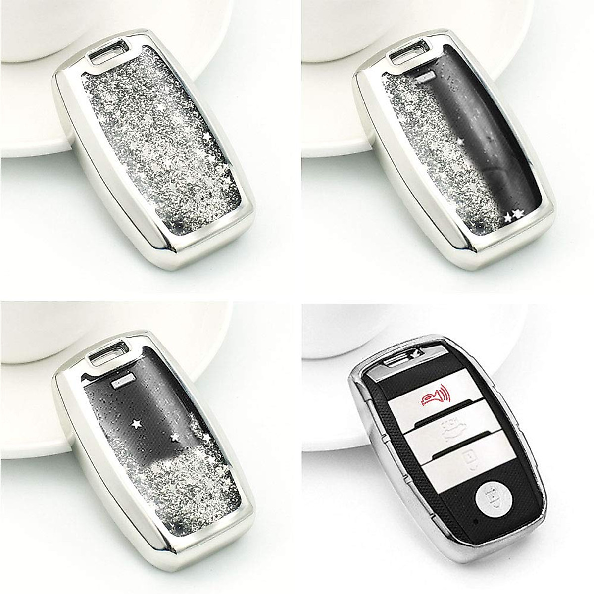 Senauto Quicksand Key Fob Cover Case Keychain for Kia Smart Keyless Entry Remote Key (Silver)