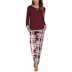 Ekouaer Women's Long Sleeve Pj Soft Crew Neck Pajama Long Sleeve Sweatshirt with Long Pants Red Plaid,Medium