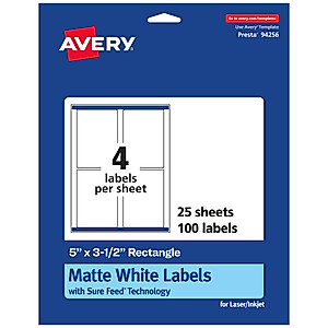 Avery Matte White Rectangle Labels with Sure Feed, 5" x 3.5", 100 Matte White Printable Labels