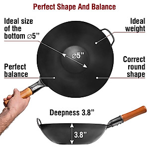 YOSUKATA Carbon Steel Wok Pan – 13,5 “ Woks and Stir Fry Pans 17’’ Wok Spatula and Ladle