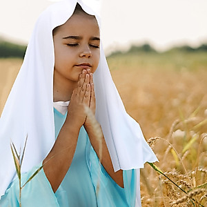 Hicarer Child Mary Costume Kids Biblical Costumes for Kids Girls Virgin Mary Costume with White Headpiece Belt Blue Robe Christian