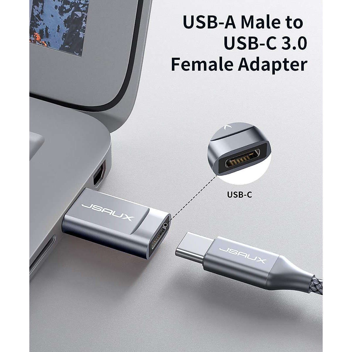 JSAUX USB-C to USB 3.0 Adapter(2 Pack), Type-C Female to USB-A Male Adapter, USB C 3.1/3.0 Converter Support Data Transfer & Stable Charging for Laptop, Chargers, Power Bank, iPhone 15 14 13 12