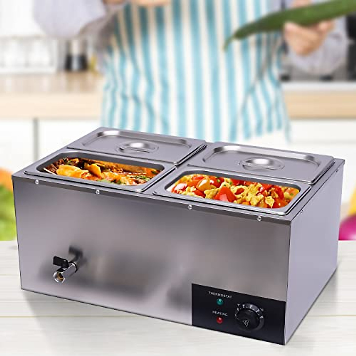 110V Food Soup Warmer 4 Pan,Table Food Grade Stainelss Steel Countertop Commercial Canteen Buffet Server Steam Stove Heater, 600W Electric Countertop Food Warmer with Temperature Control