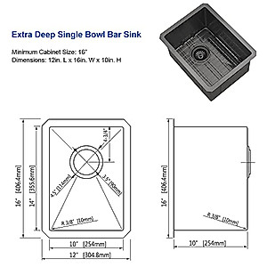 12 Inch Black Undermount Bar Sink, Hovheir 12x16 Matte Black Stainless Steel Bar Sink 16 Gauge Single Bowl Small Kitchen Sink Small Wet Bar Prep Rv Kitchen Sink with Bottom Grid