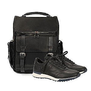 VELEZ 11 Mens Business Casual Sneakers + Top Grain Leather Backpack for Men Black Designer Bookbag Business Casual Shoulder Bag
