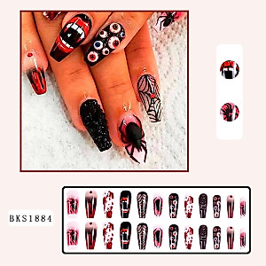Halloween Press on Nails Medium Coffin Fake Nails Spider Eyeball Halloween Nails Press on Bloodstain Spider Web Acrylic Full Cover False Nails with Designs Gloosy Glue on Nails for Women&Girls 24PCS