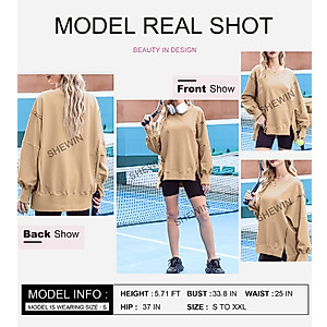 SHEWIN Womens Sweatshirts Long Sleeve Round Neck Soft Baggy Curved Hem Tops Lightweight Sweatshirts for Women Fall Cute Tops Loose Fit Flowy Crewneck Plain Tshirts for Leggings Khaki Small