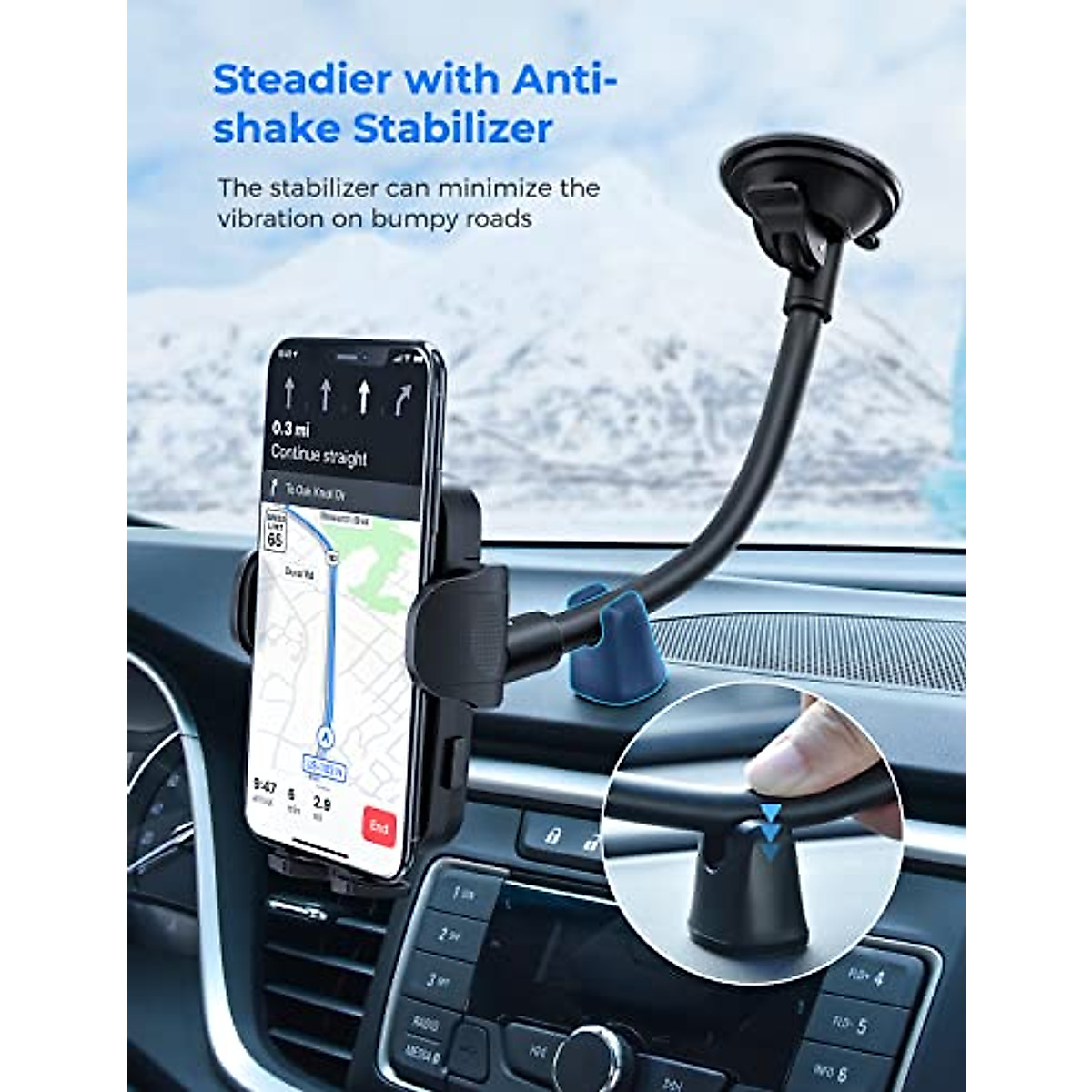 Car Phone Mount - Upgraded Windshield Dashboard Car Phone Holder with Long Gooseneck Phone Holder for Car Windshield, Compatible with iPhone 13 12 Pro Max 11, Galaxy Note 22 S21 S20 and More