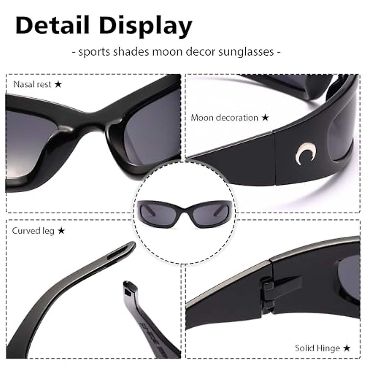 PEGH Wrap Around Sunglasses Y2K Trendy, Fashion Black Sporty Sun Glasses Moon Décor Shades