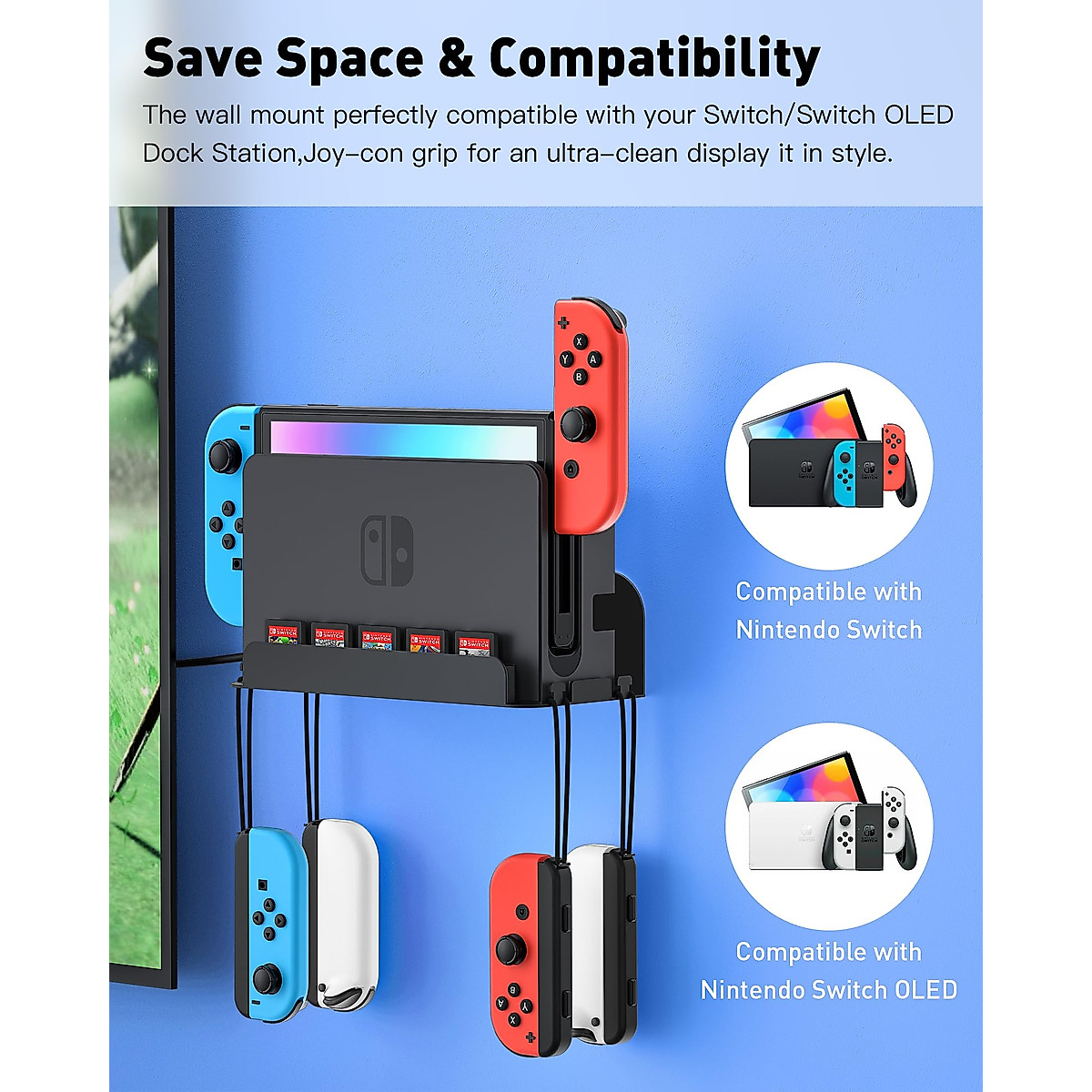 ZAONOOL Wall Mount for Nintendo Switch and Switch OLED with 2 Controller Wall Holders, Metal Wall Mount Kit Stand with 5 Game Card and 4 JoyCon Shelfs, Safely Store Console Near or Behind TV, Black