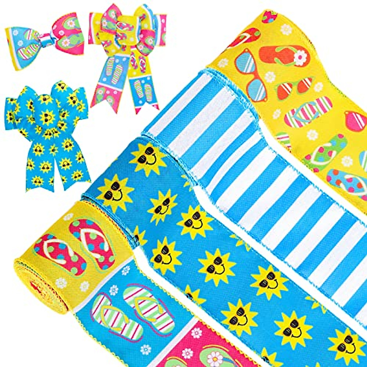 Whaline 4 Rolls Summer Wired Ribbon 24 Yards Flip Flop Fabric Decorative Ribbon Summer Theme Sunshine Fabric Ribbon Beach Party Stripe Craft Ribbon for Summer Wreath Bow DIY Craft Wrapping, 2.5 Inch