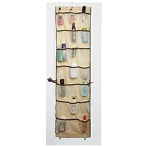 Over the Door Organizer - 42 Pockets - The beige fabric with brown trim is an attractive over door storage addition to any room. Three over the door hooks are included so there’s no assembly required