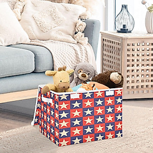 Patriotic Stars Storage Bins with Lids and Handles, Foldable Storage Box Storage Basket with Cover Collapsible Organizer Containers for Home Closet, Shelves