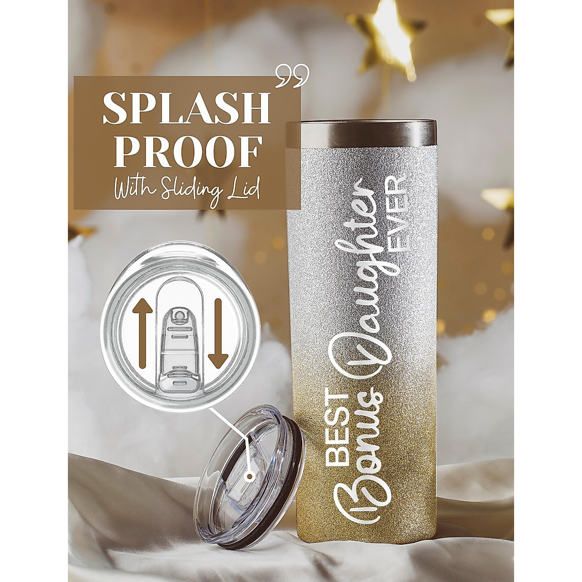 Onebttl Bonus Daughter Gifts - 20oz Stainless Steel Travel Mug with Lid and Straw - Best Daughter Ever (Silver or Gold) for Birthday, Christmas or Thanksgiving