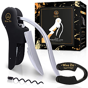 Wine Ziz Black Screw-pull Lever Corkscrew Wine Bottle Opener Set with Bonus Foil Cutter Tool and Extra Spare Corkscrew Spiral, Heavy-Duty Metal Manual Cork Screw, Best Wine Gift Kit (Silver)