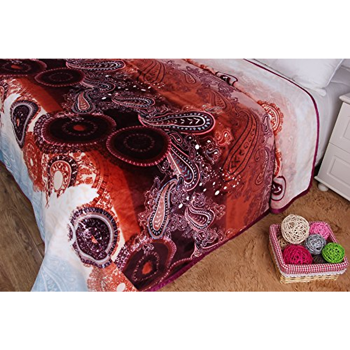 DaDa Bedding Flannel Faux Mink Fleece Throw Blanket - Bohemian Paisley Dreams Silky Soft - Bright Vibrant Floral - Multi Colorful Red Burgundy & Blue - 66" x 90"