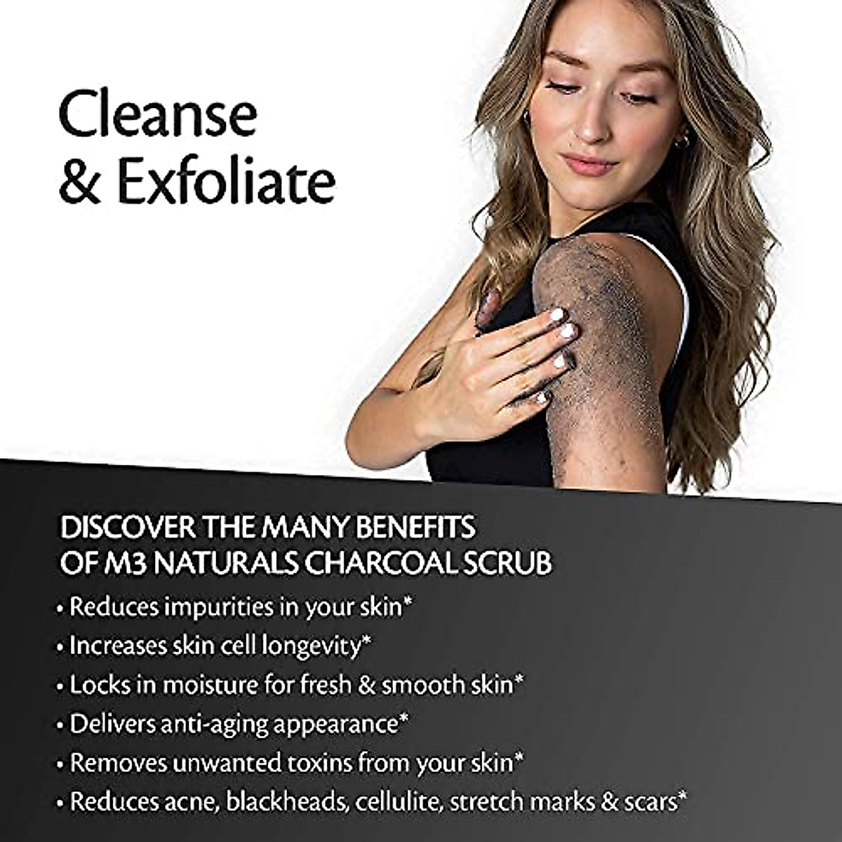 Charcoal Exfoliating Body Scrub Polish with Collagen & Stem Cell Gentle Body Exfoliator Face Scrub Bump Eraser Booty Scrub Best Shower Scrub Skin Exfoliant Moisturize Skin Exfoliate Absorbs Nutrients by M3 Naturals